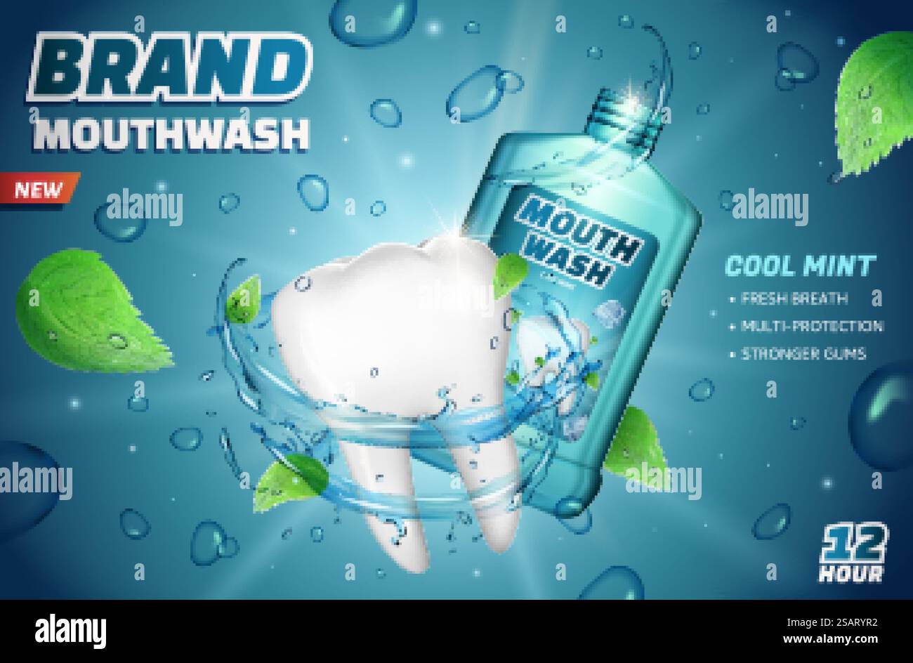 Cool mint mouthwash ads with flying mints and splashing water drops on ...
