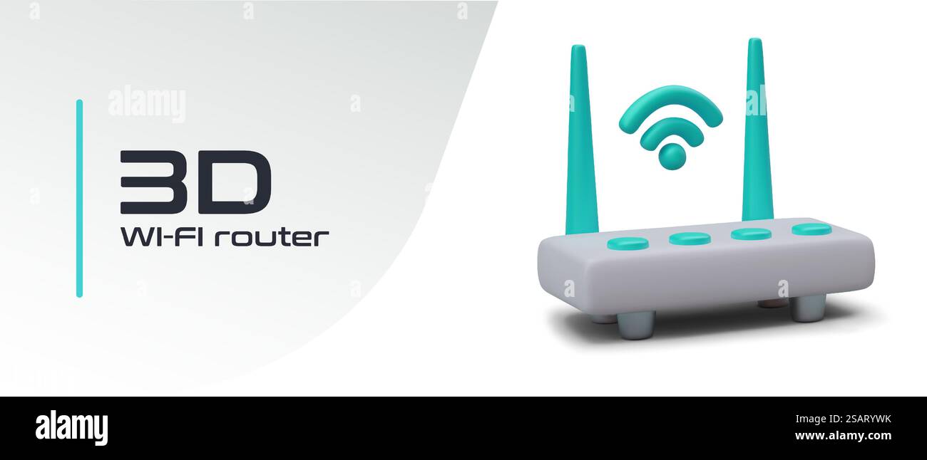 Realistic router with green antennas and WiFi signal. Wireless data ...