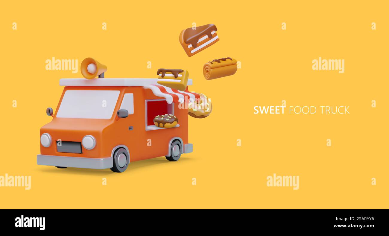Sweet food truck. Realistic vehicle with loudspeaker, floating donuts ...