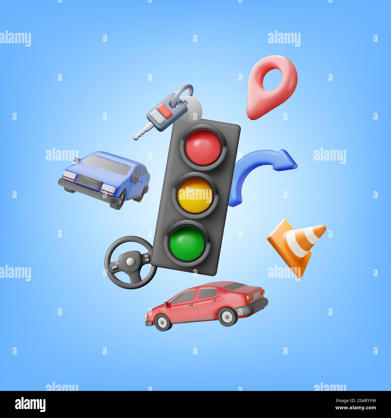 3D Concept of Driving School Isolated. Render Car with Traffic Cones ...