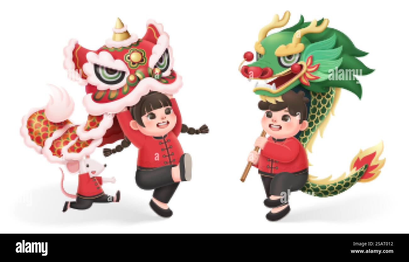 Cute kids performing lion and dragon dance on white background. kids ...