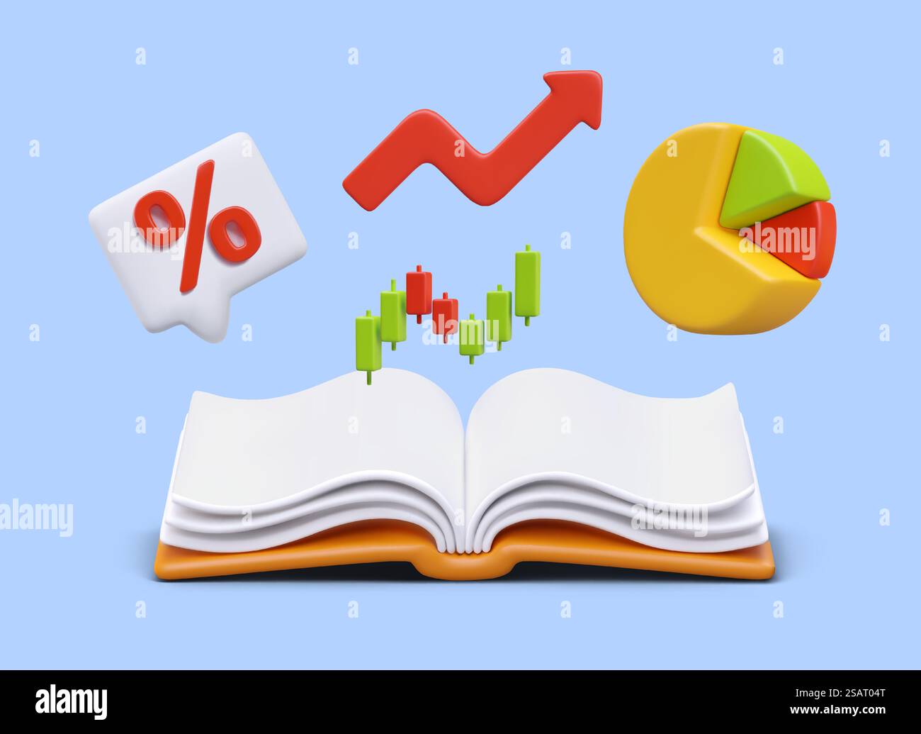 3d realistic open book with red arrow, histogram, percent item and pie ...