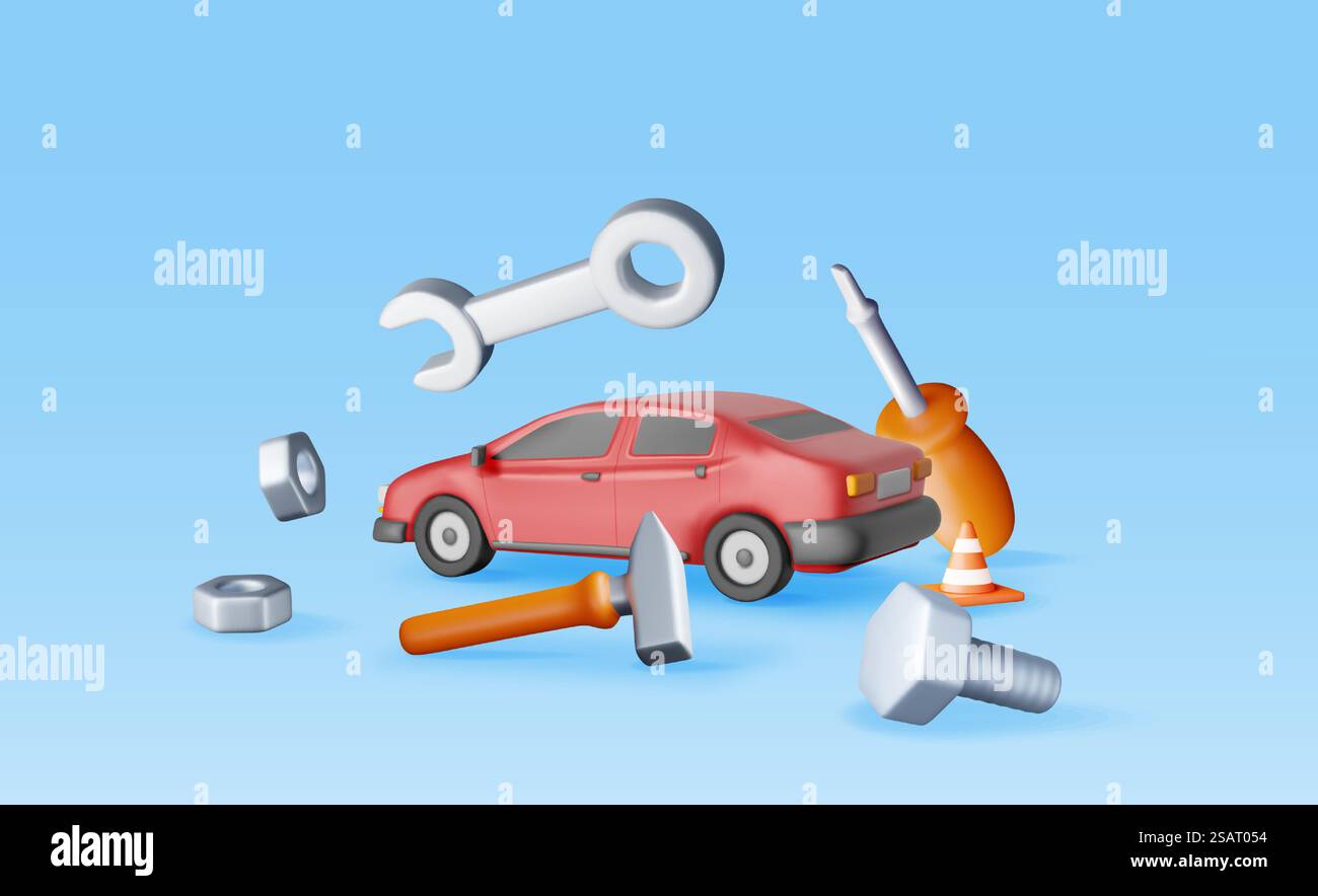 3D Car Repair Concept Isolated. Render Car with Mechanic Fix Tools ...