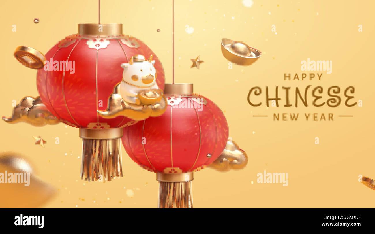 3d CNY banner with cute cattle sitting on cloud and flying through two ...