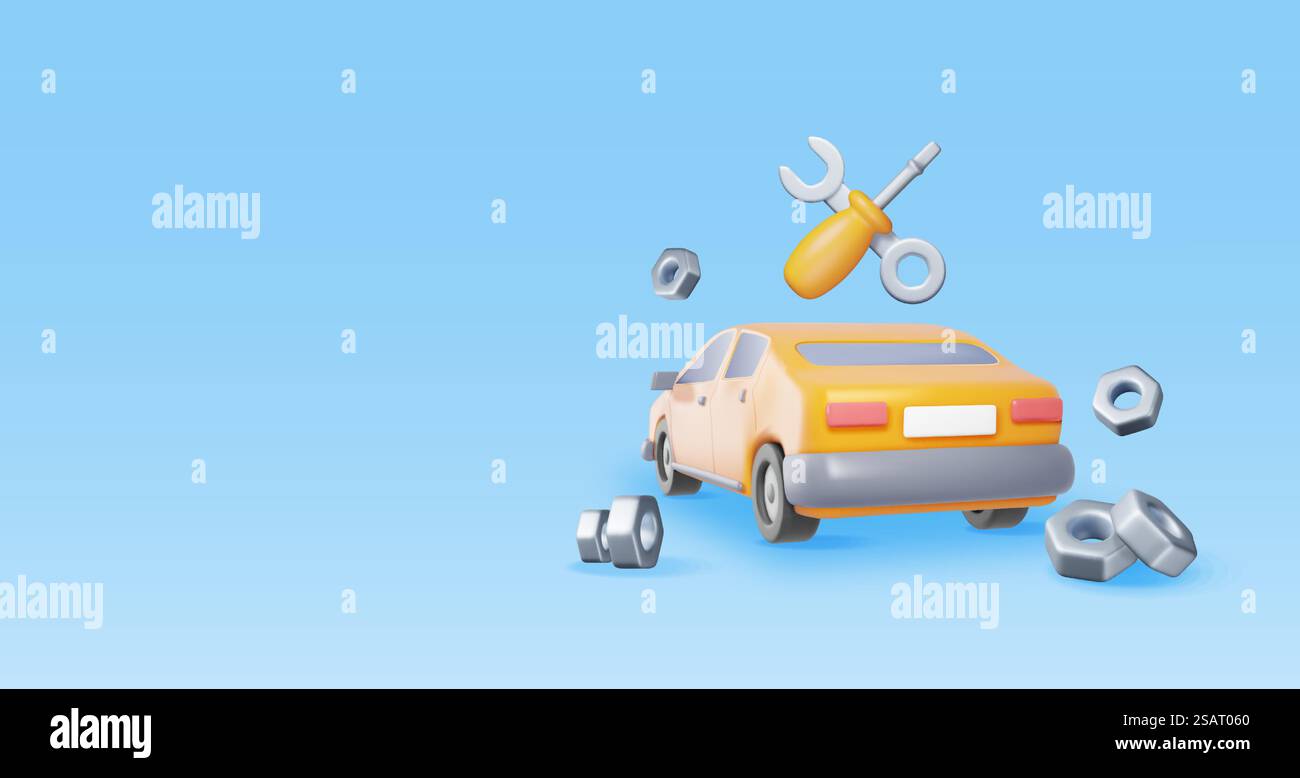 3D Car Repair Concept Isolated. Render Car with Mechanic Fix Tools ...