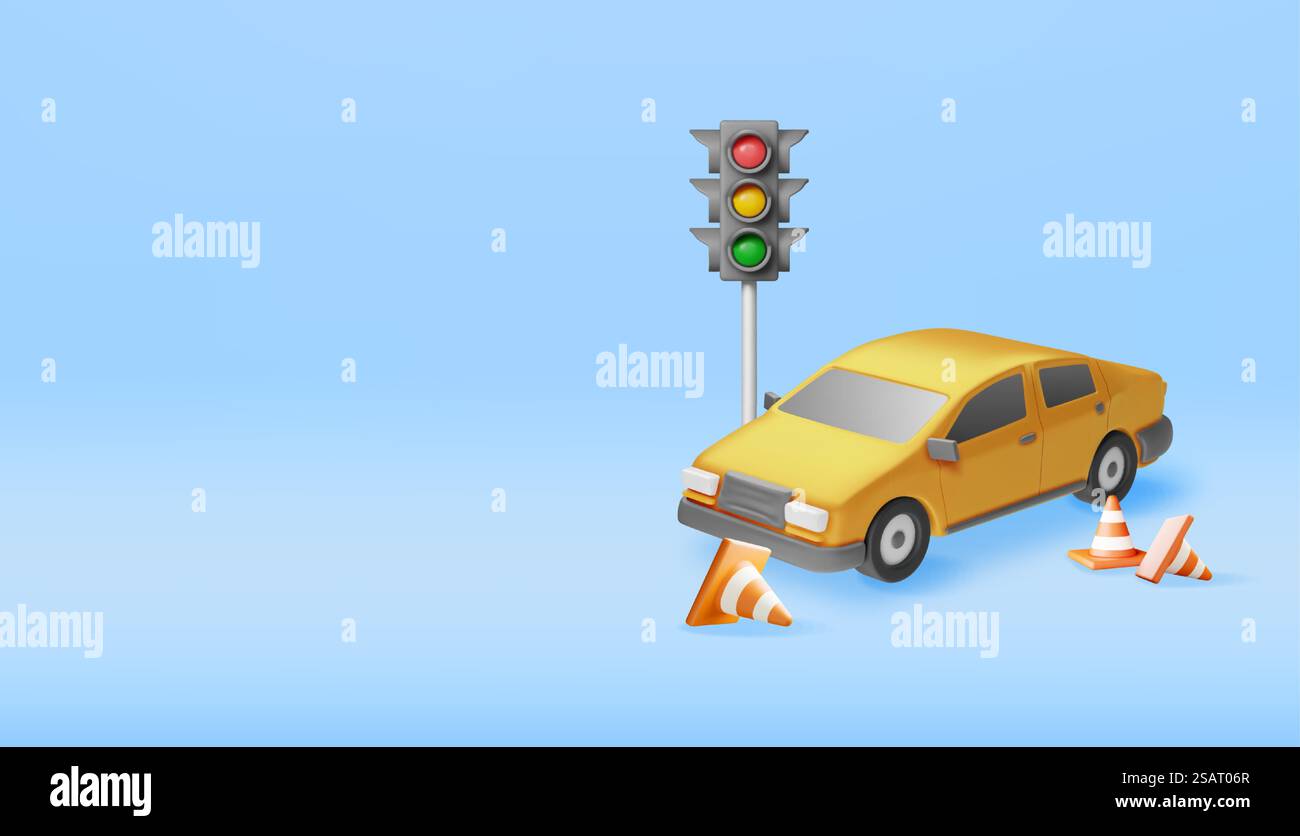 3D Sedan Car with Traffic Cones and Traffic Lights Isolated. Render ...