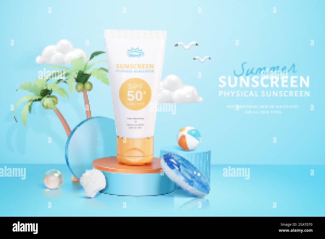 3d cosmetic ad template in island vacation theme. Tube mock up on round ...