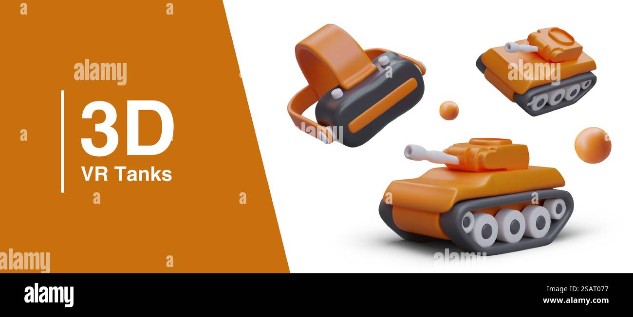 Virtual reality. 3D tanks, VR glasses. Set of images for advertising ...