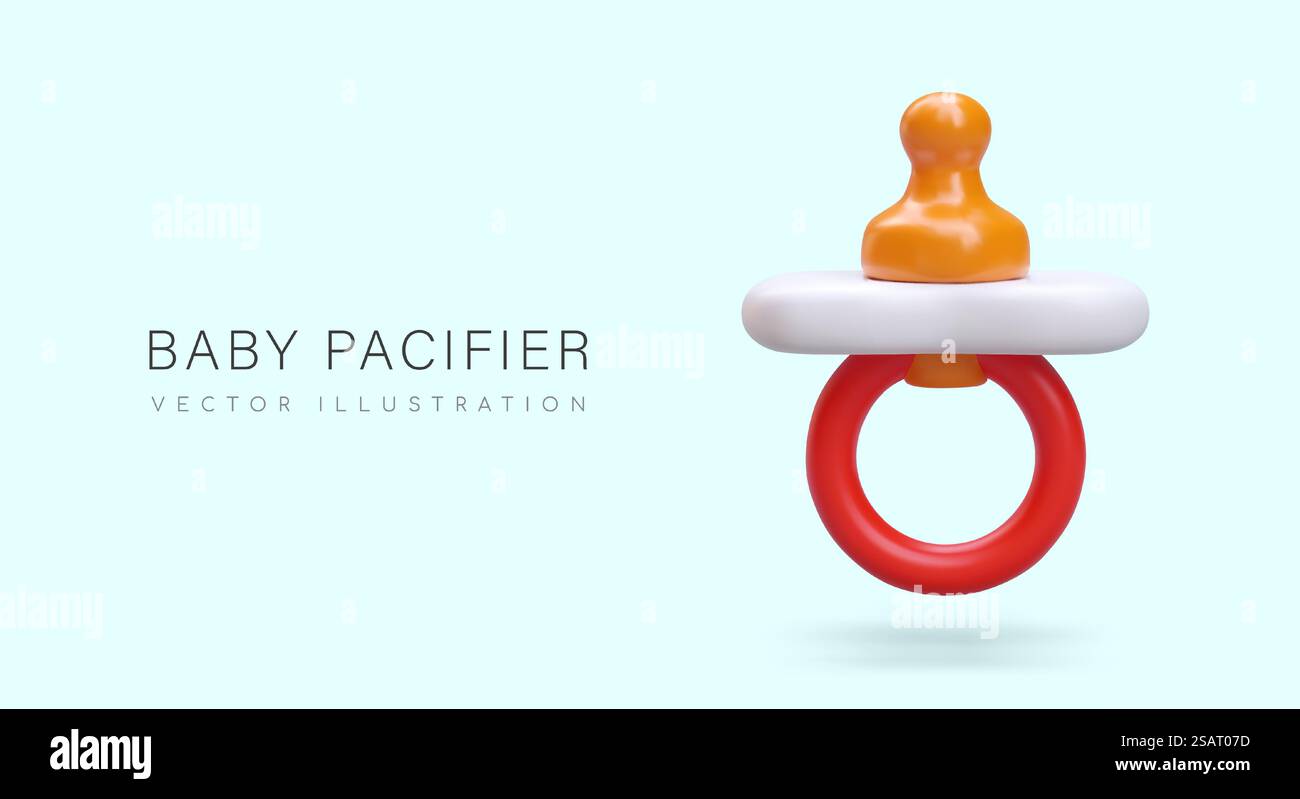 3d baby plastic pacifier in yellow and red colors. Advertising poster ...