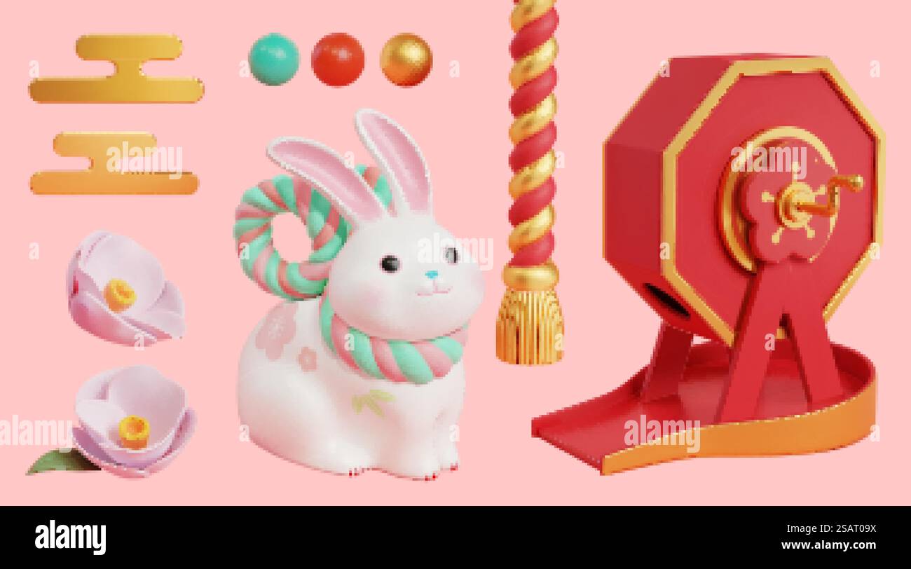 3D Red lottery wheel garapon, red and golden rope handle, spheres ...