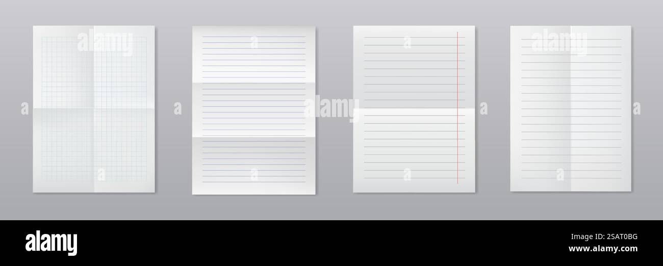 Realistic lined notepapers. Blank gridded notebook papers for homework and exercises. Vector ...