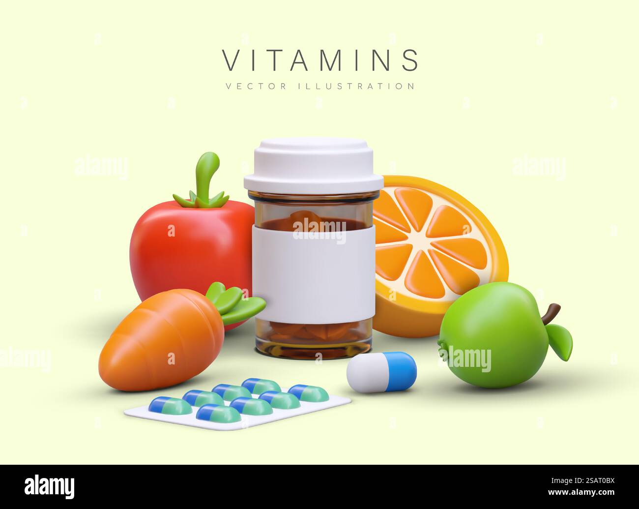 Concept of natural and medical vitamins. 3d realistic vegetables rich ...