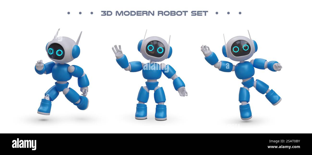 Set of realistic robots. Droid in different positions. Cyborg runs ...