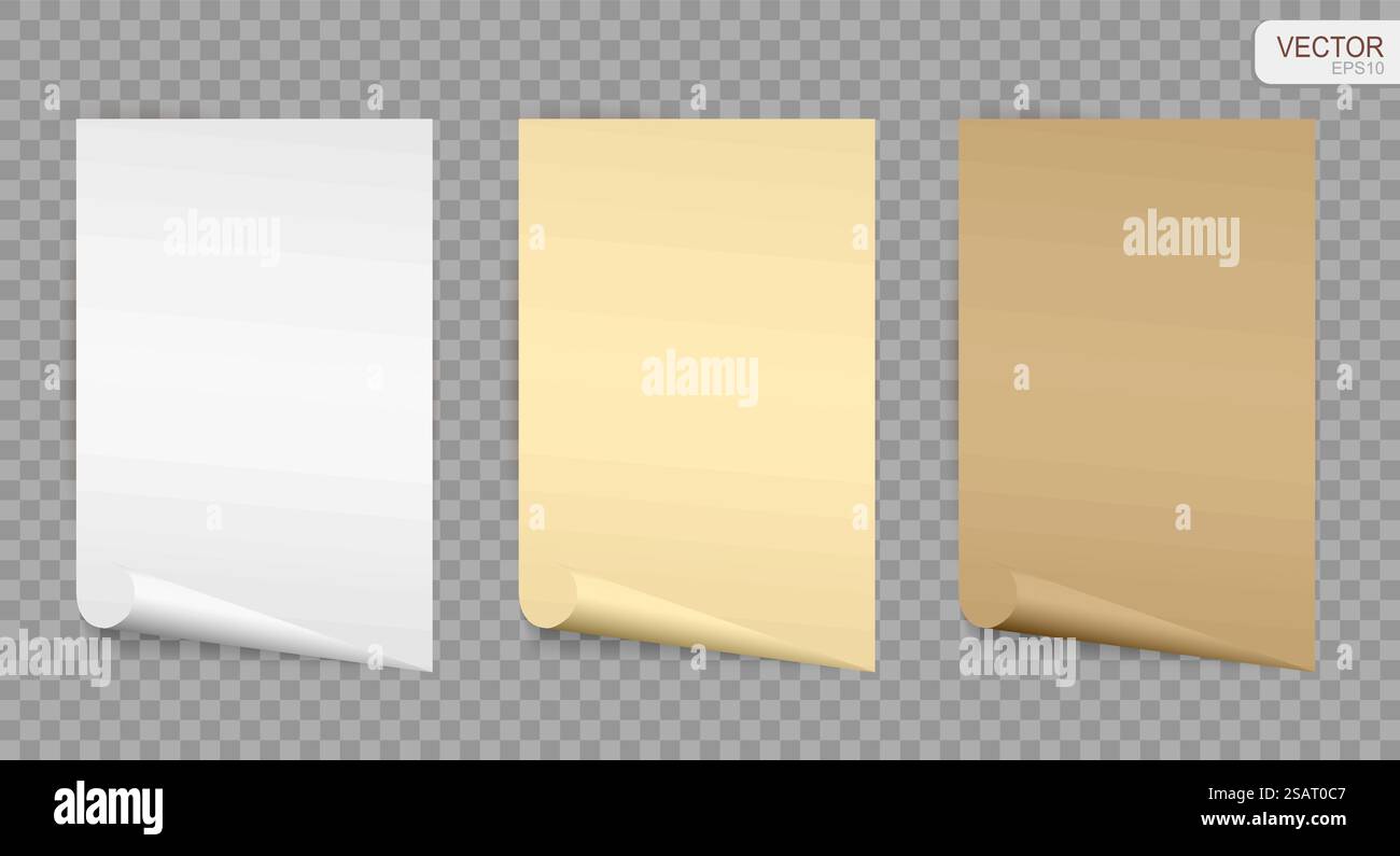 Vector set of sheets of paper with curled corner. White, beige and ...
