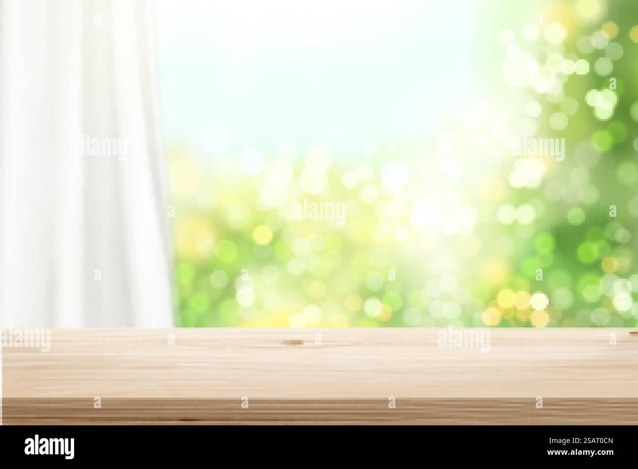 Wooden surface in front of blurry window and curtain in 3d illustration ...