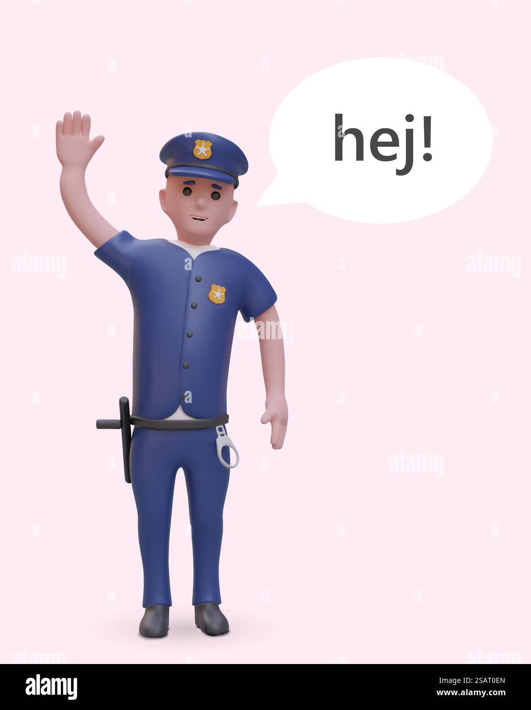 3D police officer waving and greeting. Dialogue cloud with text. Male ...