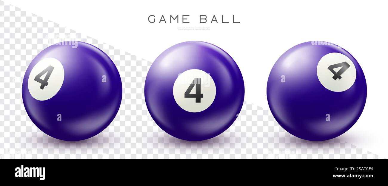 Billiard, purple pool ball with number 4 Snooker or lottery ball on transparent background ...