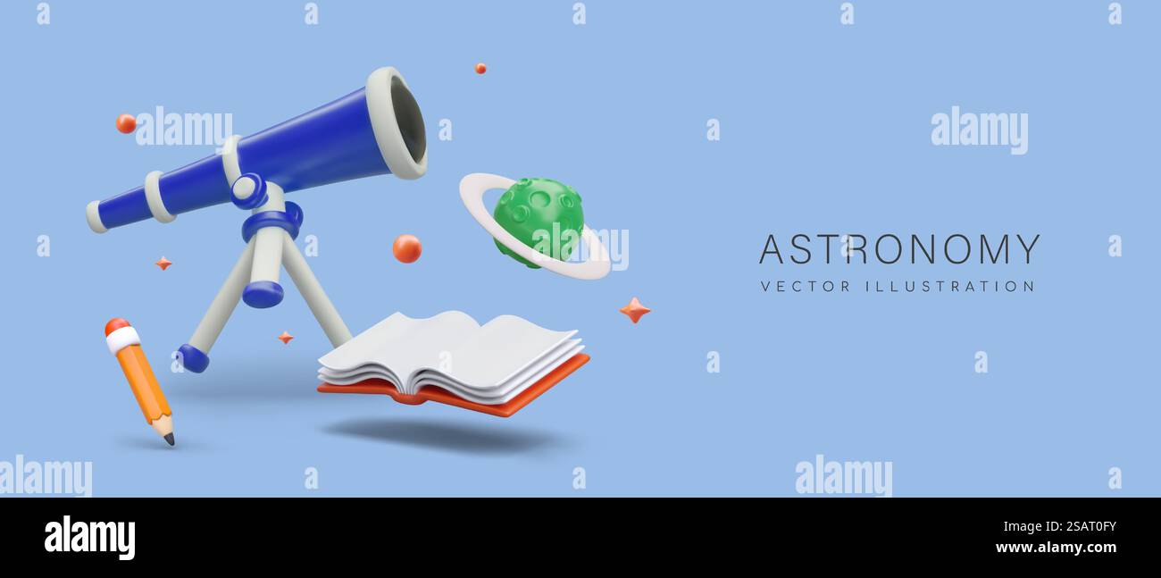 Astronomy concept. Telescope, planet, book, pencil. Observation of sky ...