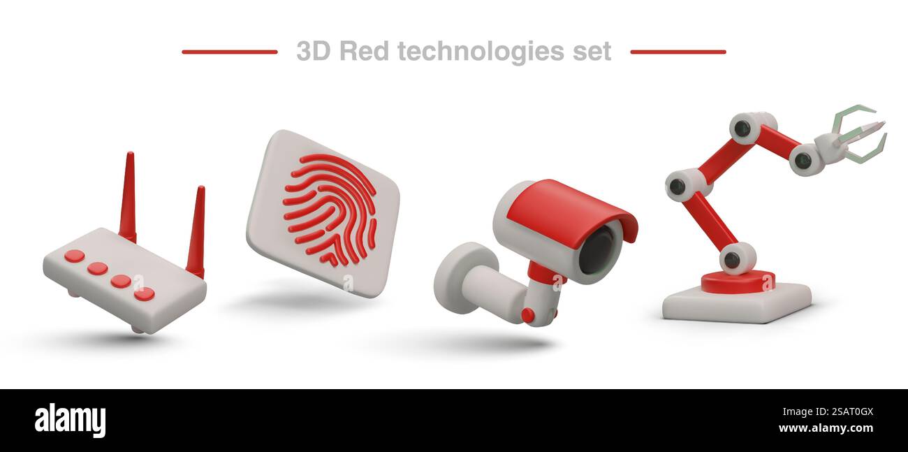 Modern technologies, set of 3D images. Router, scanned fingerprint ...