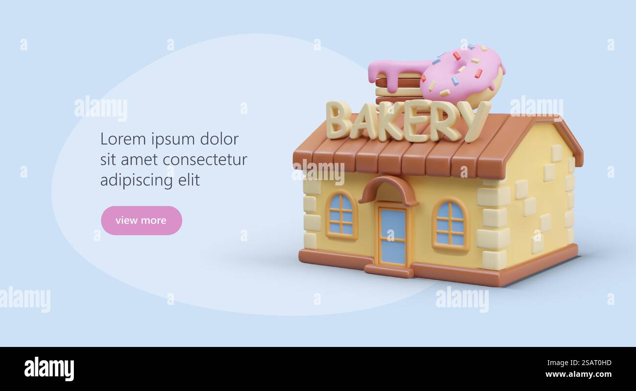 Colorful bakery with decorative desserts on roof. Sweets shop ...