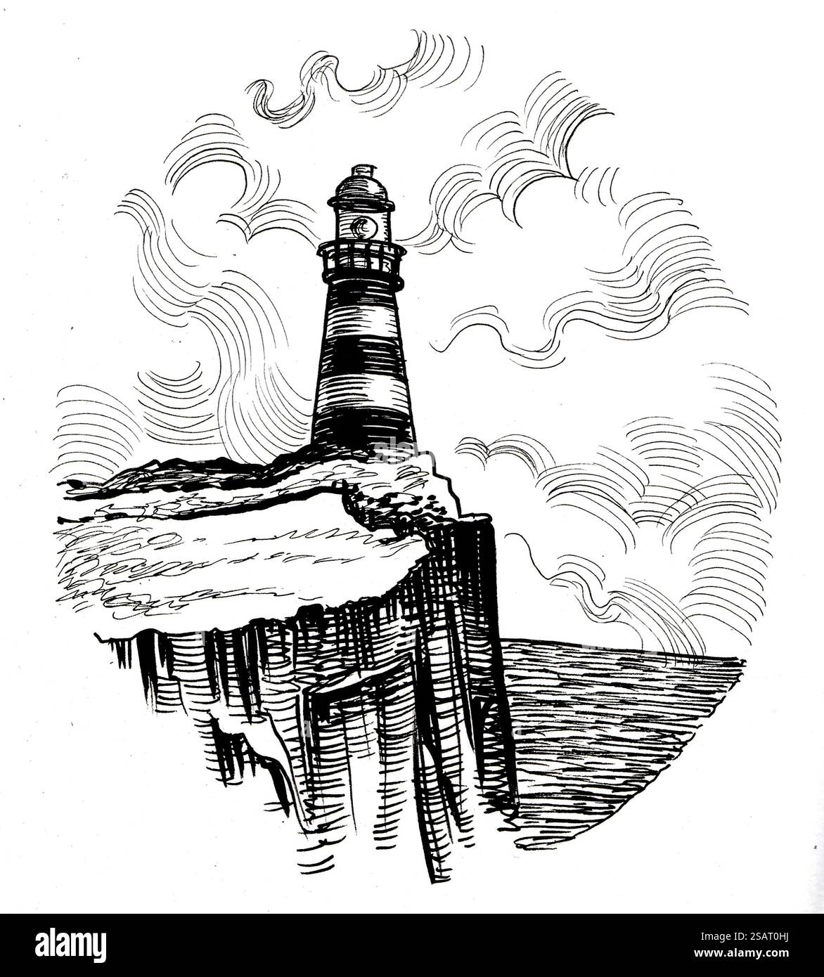 Old lighthouse on the cliffs. Hand drawn retro styled black and white ...