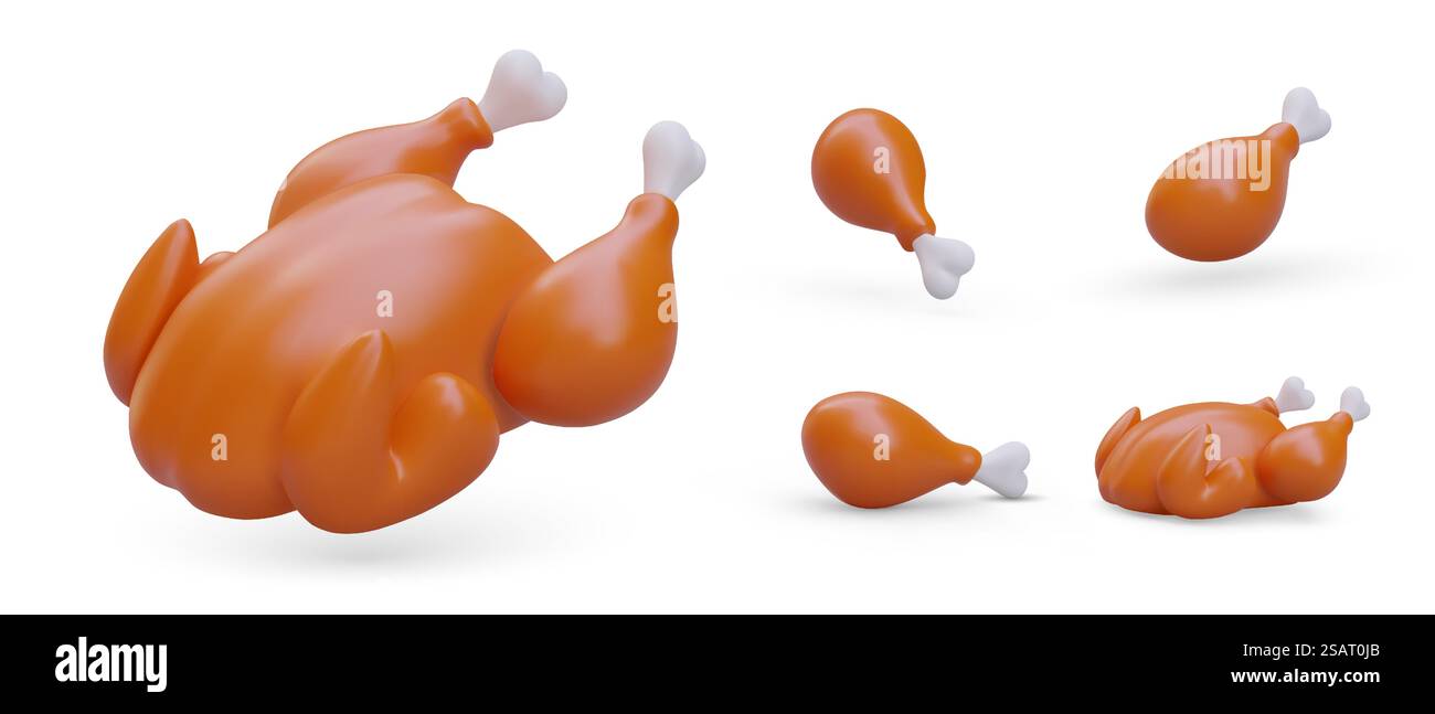 Roasted poultry vector icons set. Baked turkey. Chicken and drumsticks ...