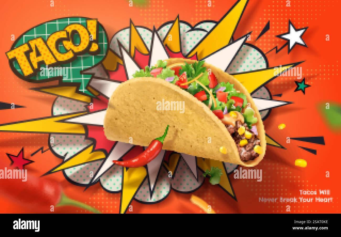 3d spicy taco ad banner in retro American comic theme design. Fresh ...
