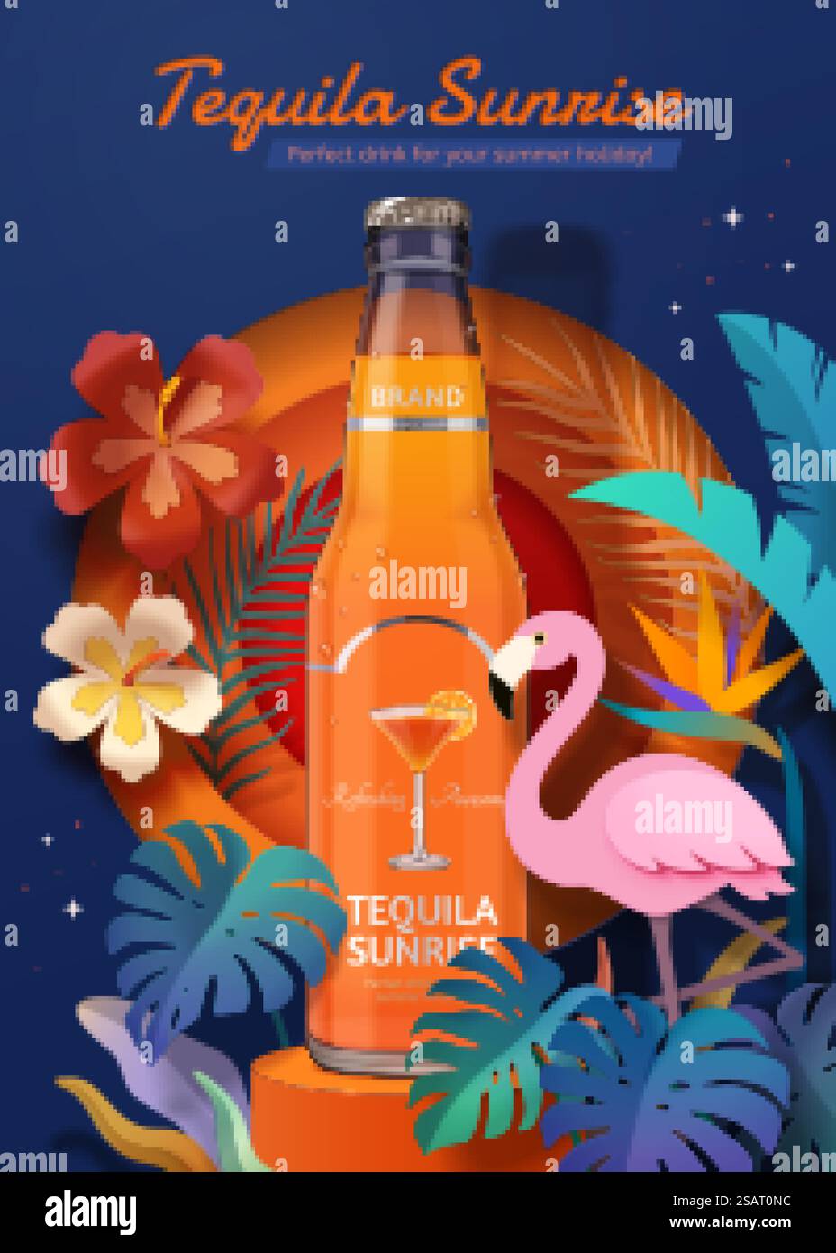 3d illustration of tequila sunrise promo ad. Tequila bottle on orange ...