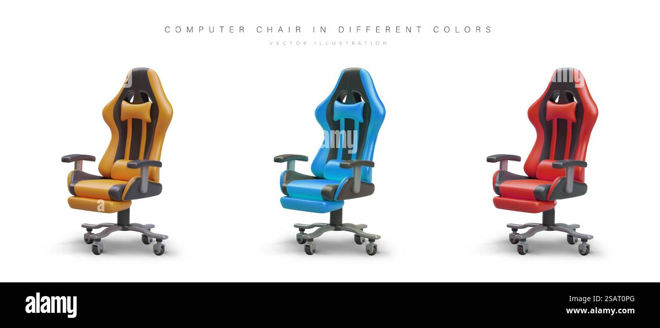Set of realistic computer chairs of different colors. Ergonomic gamer ...