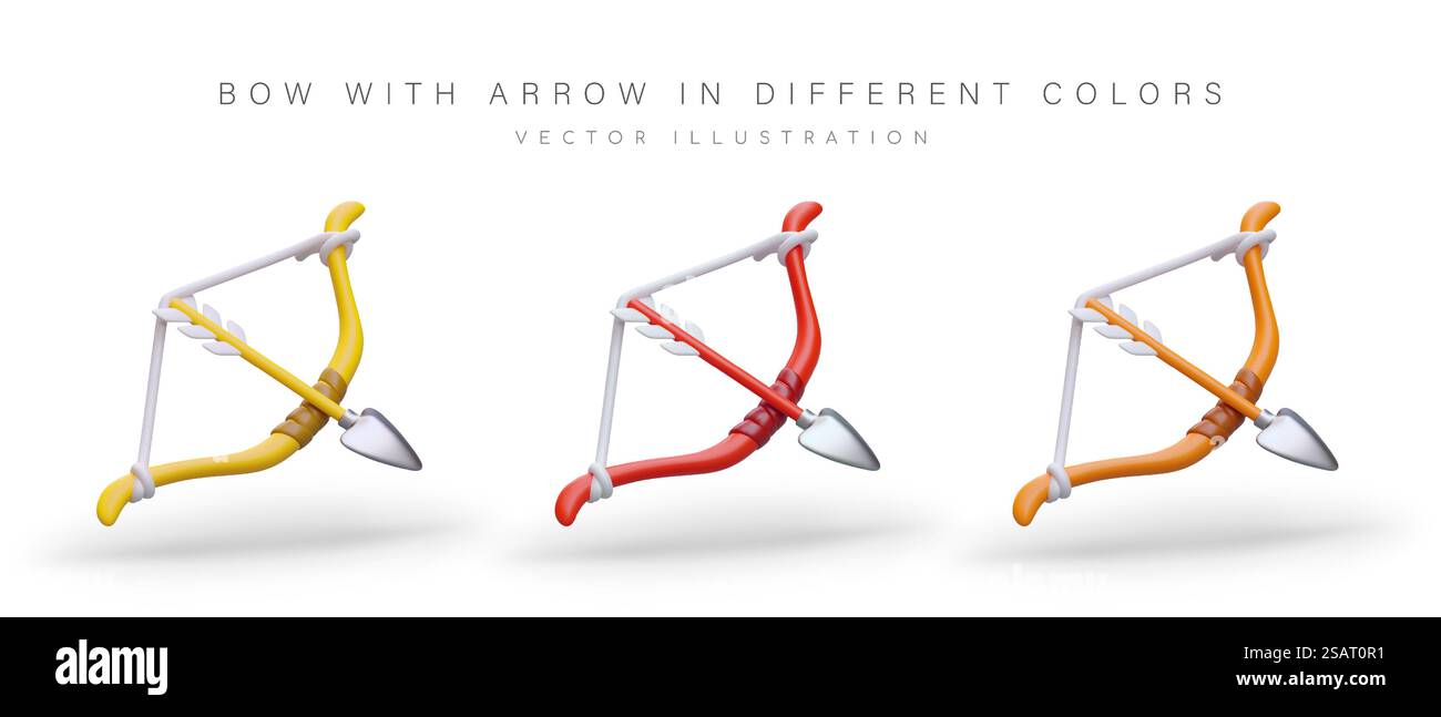 Drawn bow with arrow. Vector objects of different colors. Ancient small ...