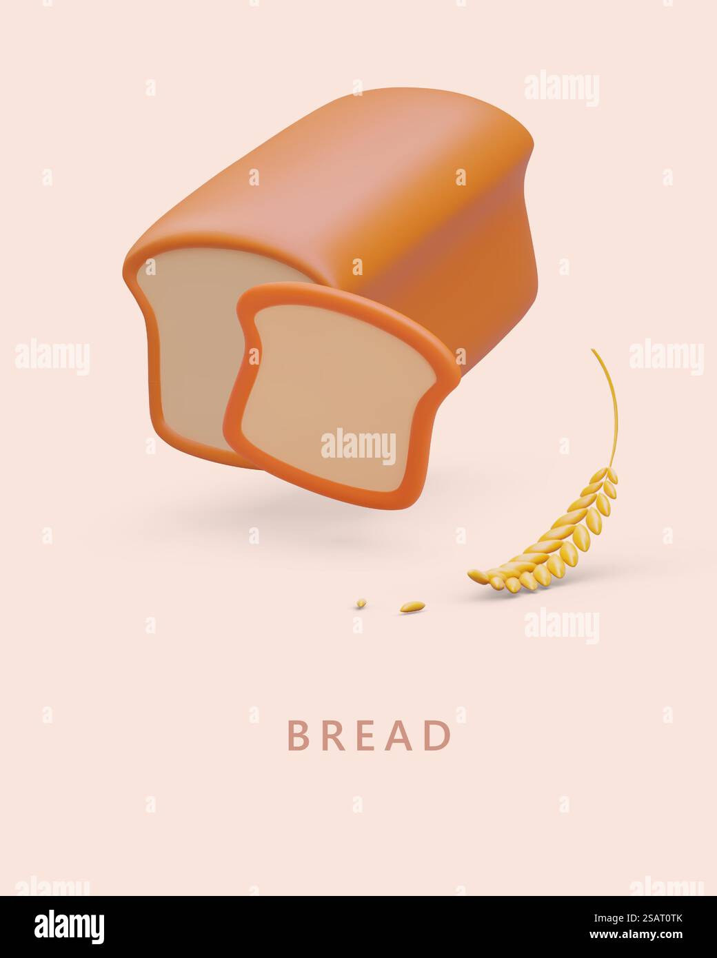 3D white toasted bread, ear of wheat. Natural grain food. Breakfast ...