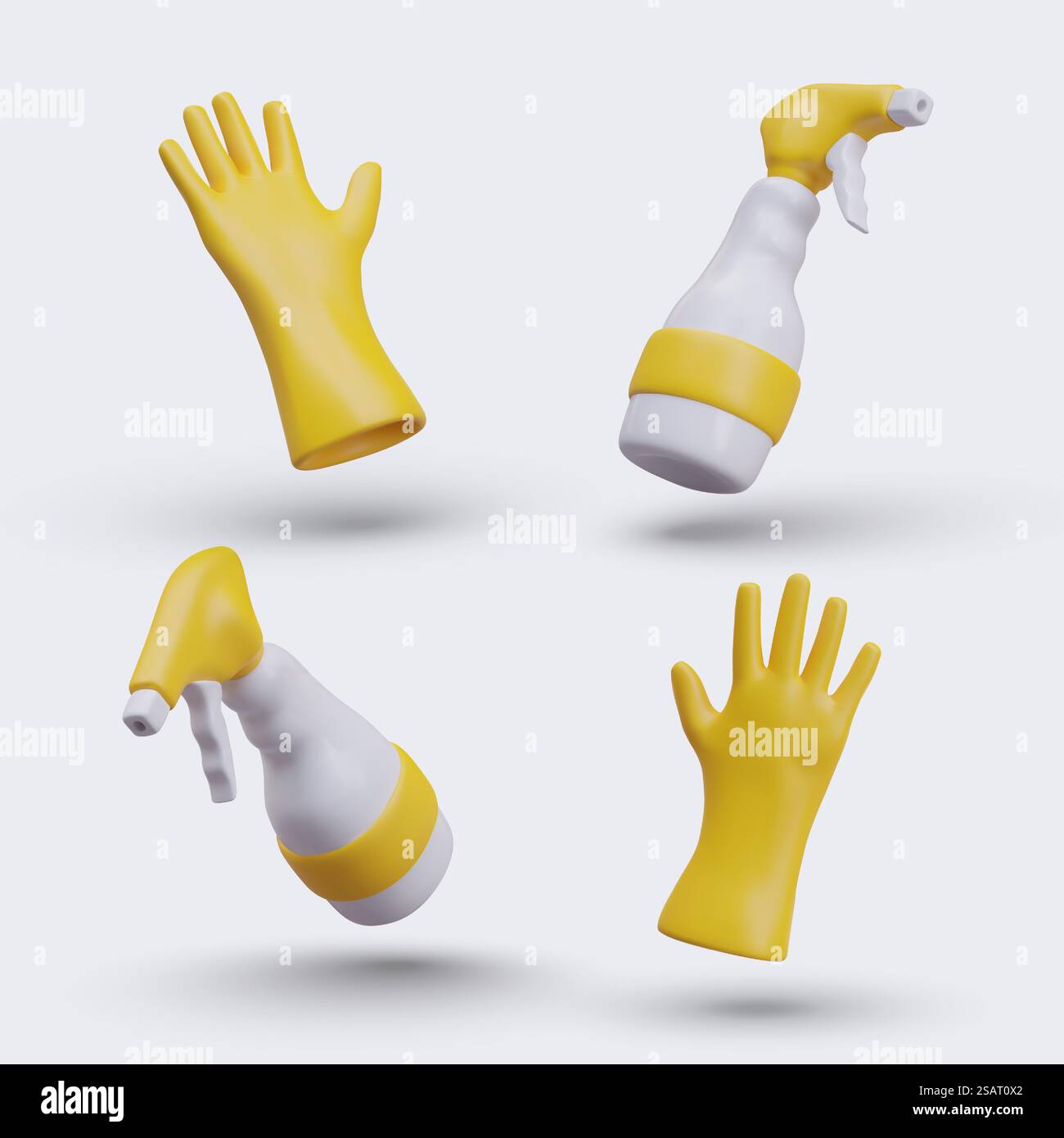 Realistic rubber gloves on right and left hand, spray gun in different ...