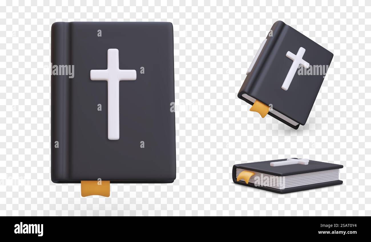 3d realistic holy Bible with bookmark in different positions. Concepts ...