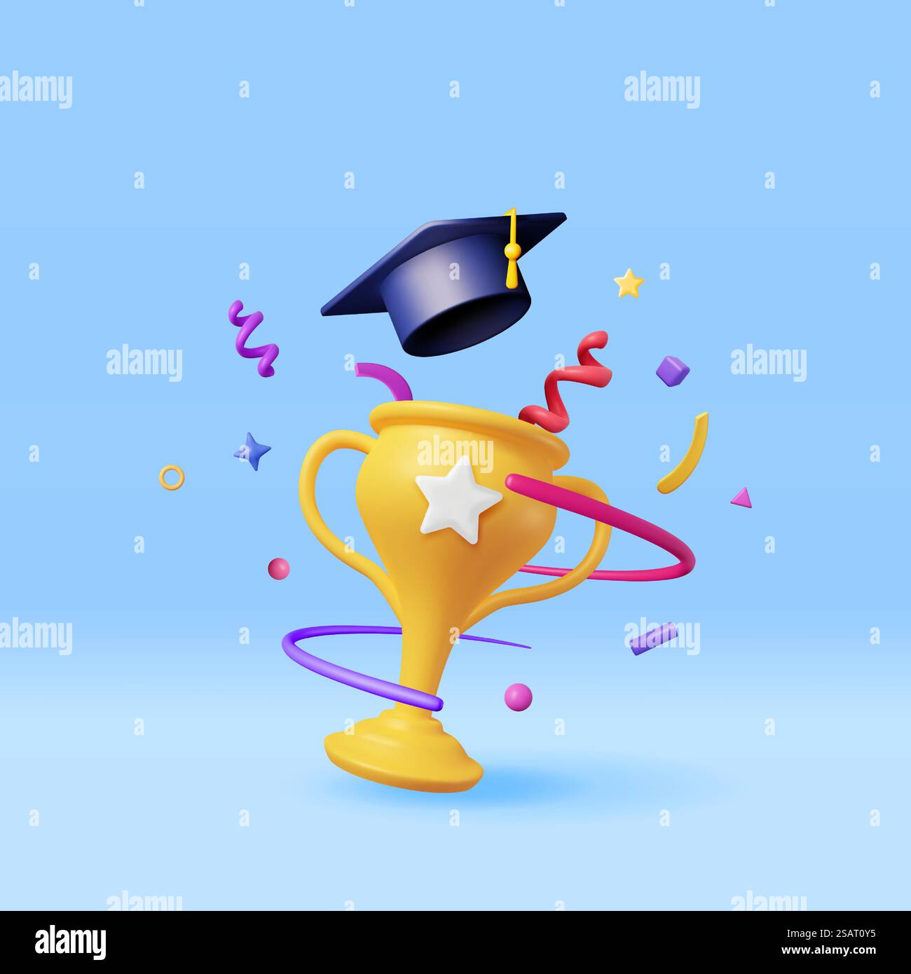 3D Gold Trophy, Confetti and Graduation Cap Isolated. Render Golden Cup ...