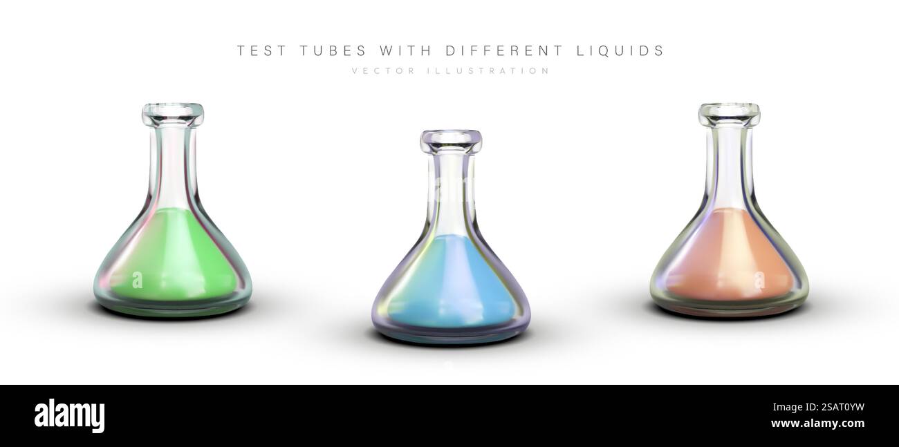 Set of test tubes with liquid. Triangular flasks with flat bottom ...