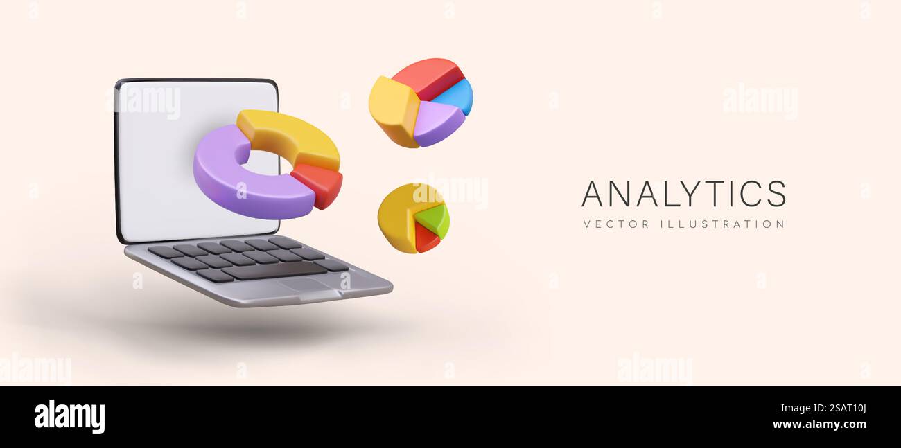 Analytics concept. Collection of statistical data, analysis, visualization. Open notebook, pie ...
