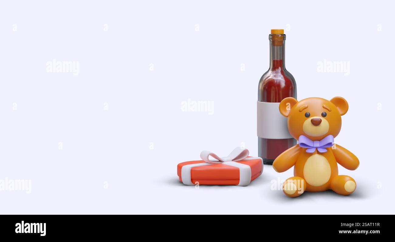3d bottle with wine, box with chocolate candy and teddy bear. Poster ...