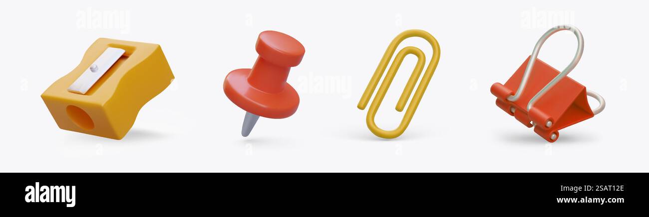Realistic sharpener, pin, paper clip, binder clip. Set of colored ...