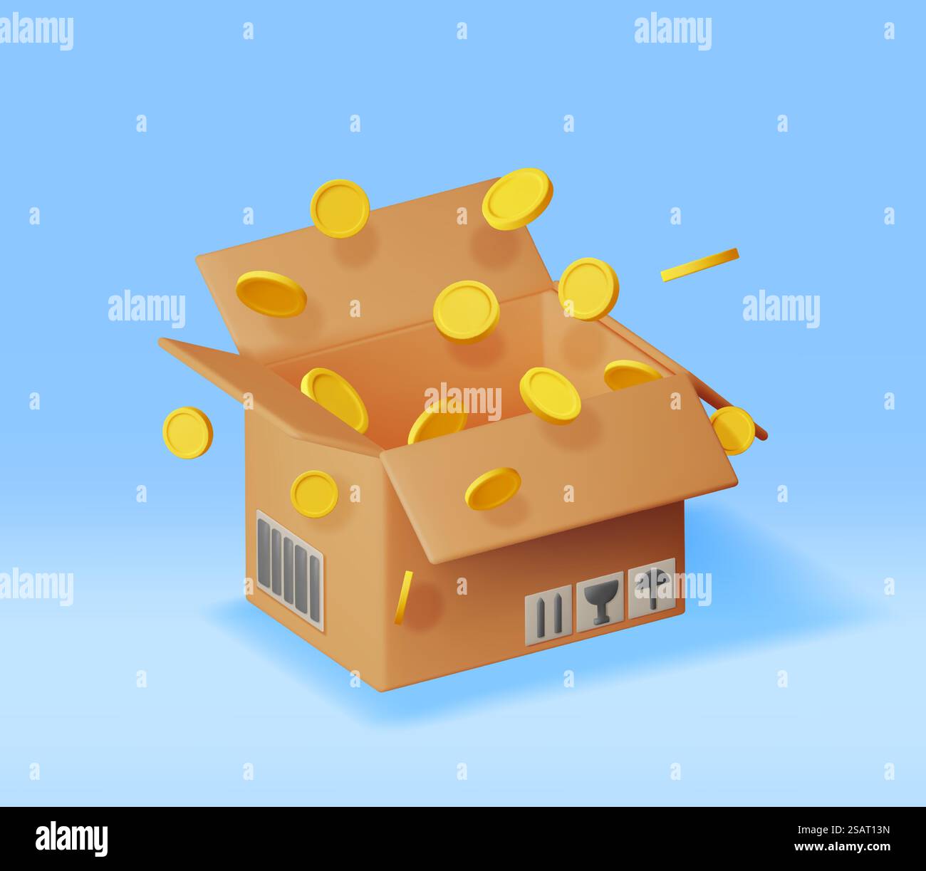 3D Cardboard Box with Gold Coins Inside Isolated. Open Carton Package ...