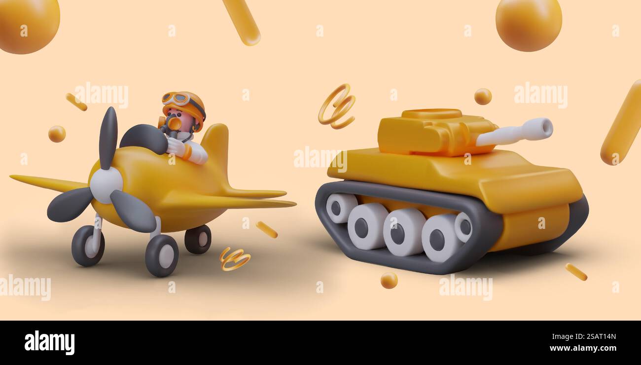 Cartoon character sitting in airplane and ready for flight. 3d ...