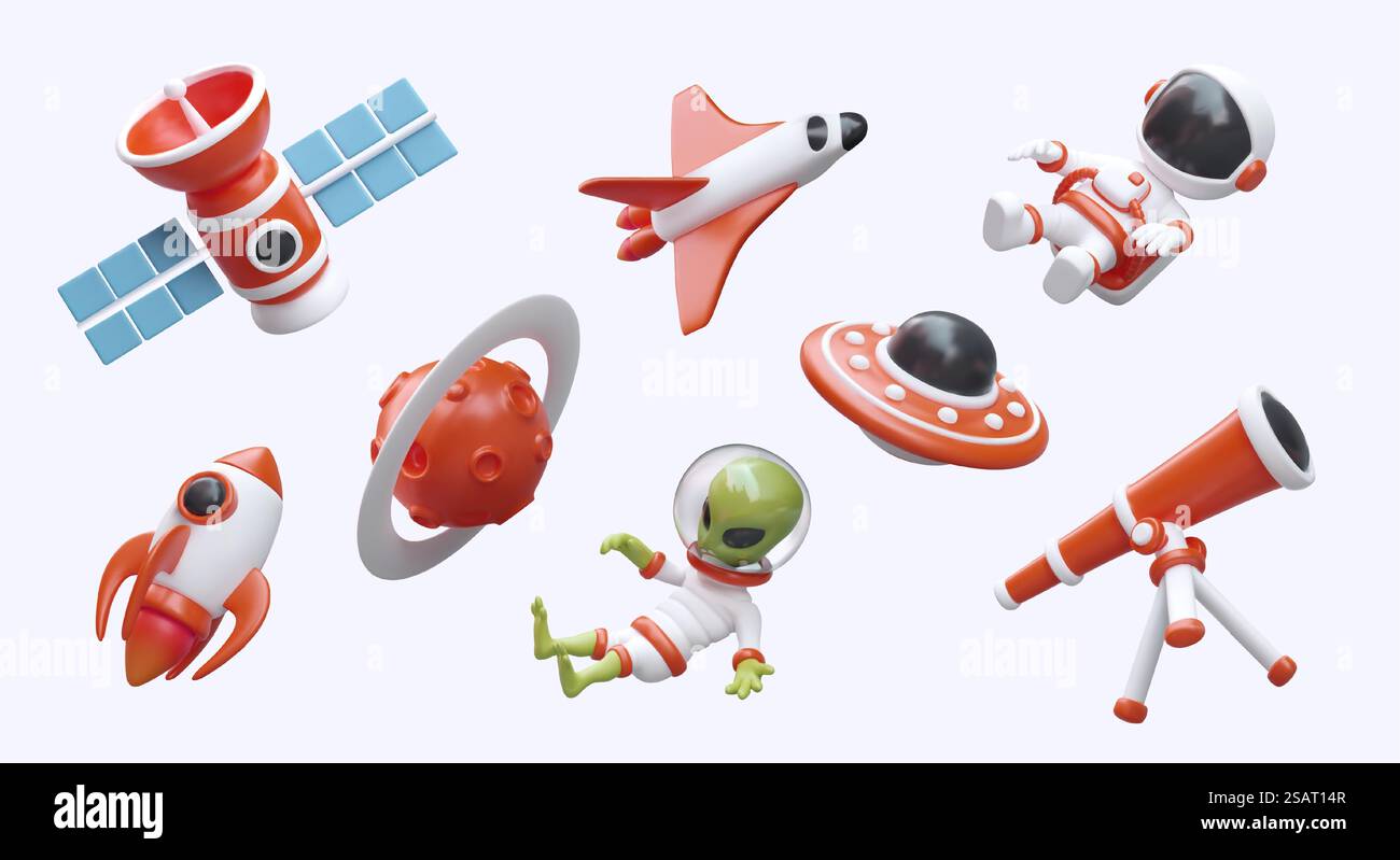 Set of realistic space objects in cartoon style. Color spaceship ...