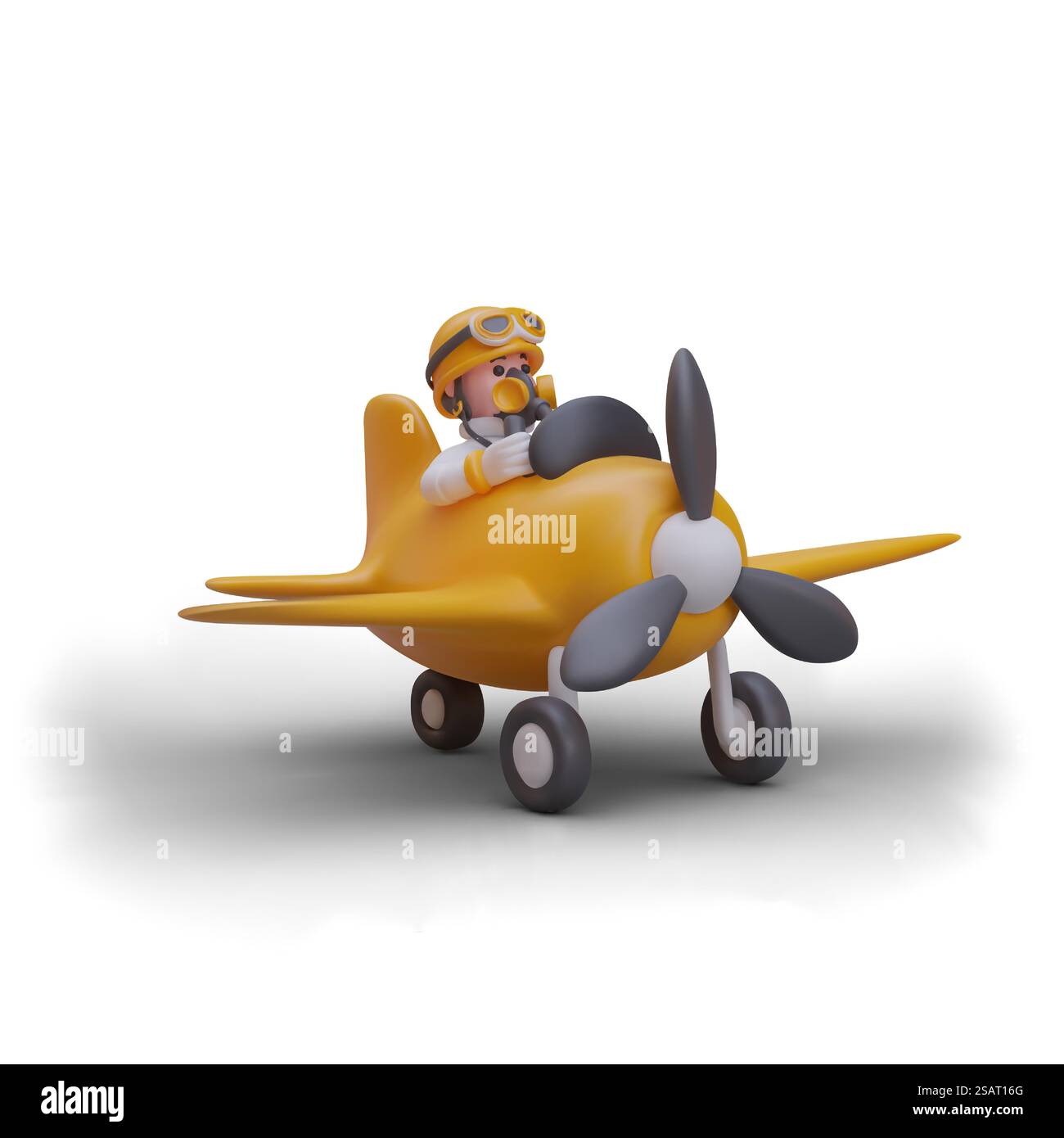 3d realistic pilot sitting in yellow airplane and ready for flight. 3d ...