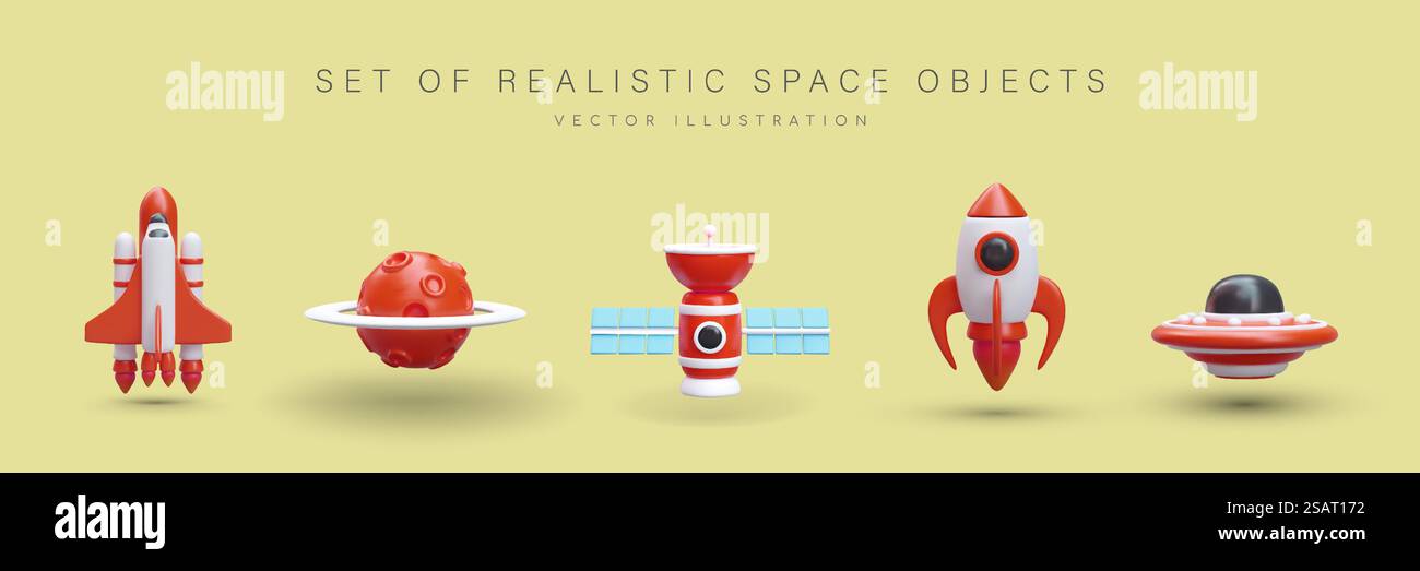 Set of 3D space objects in cartoon style. Shuttle, red planet ...