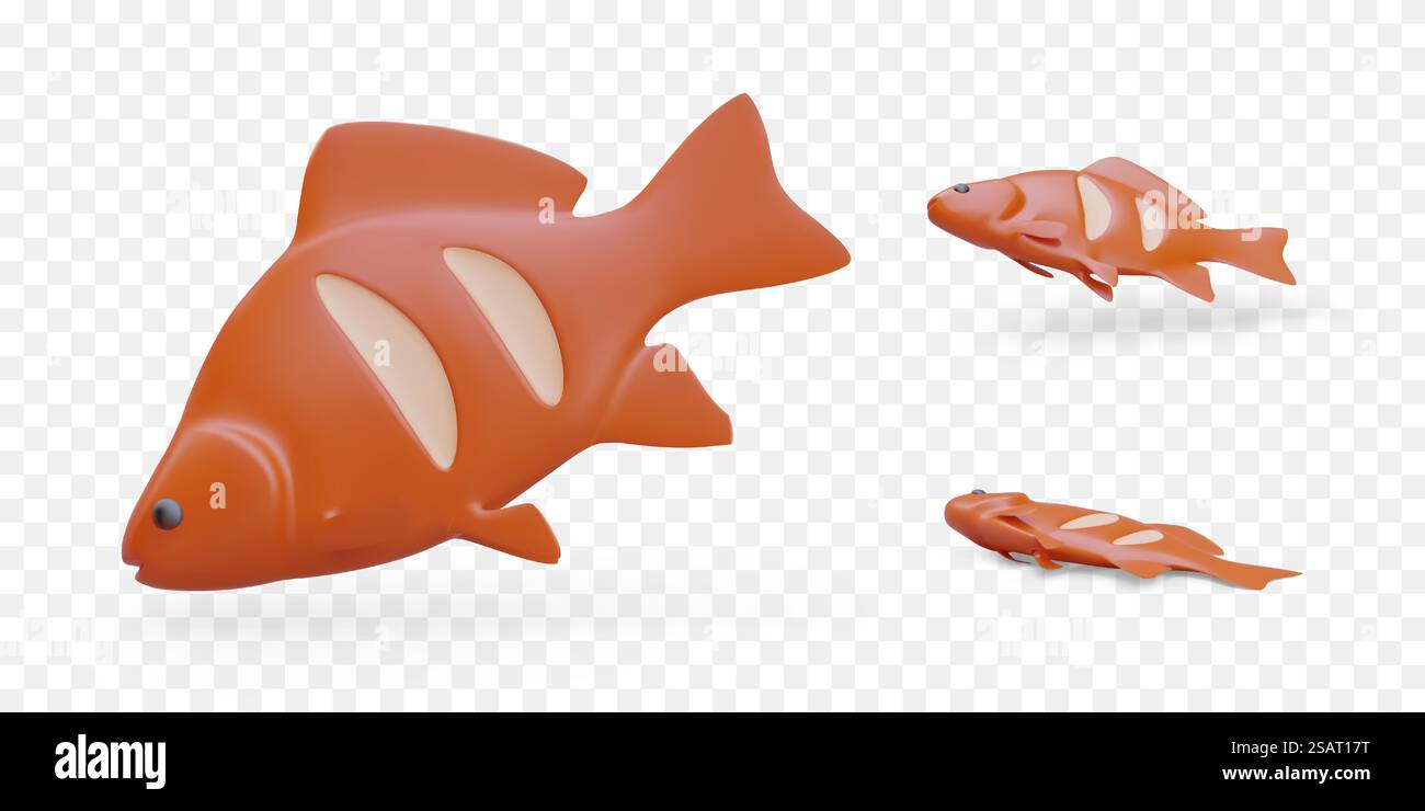 Set of 3D isolated images of grilled fish in different positions. Red ...