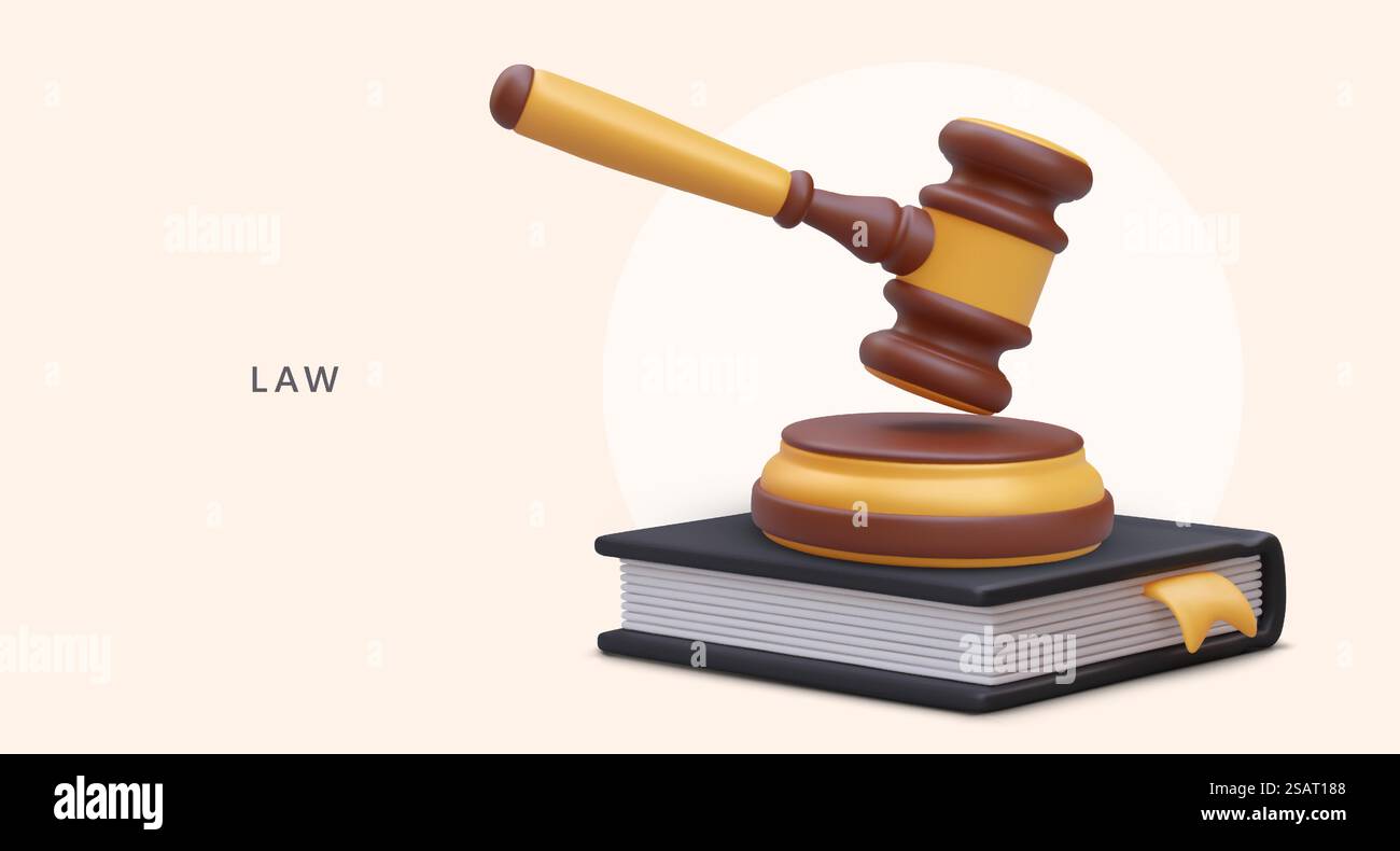 Realistic gavel, wooden stand, law book. Concept of law. Verdict, final ...