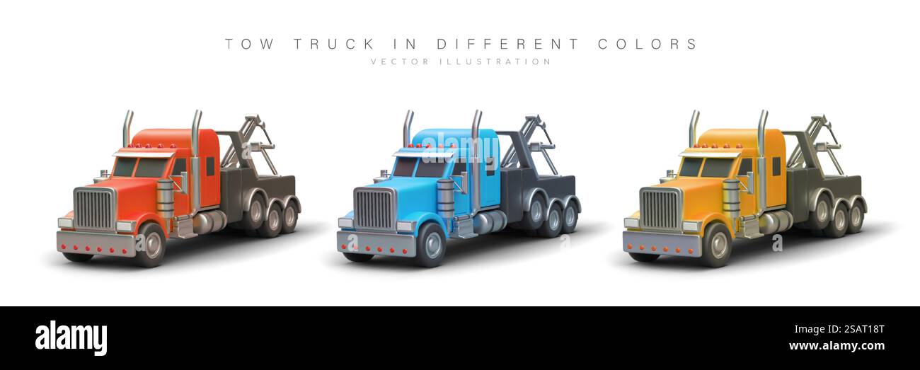 Set of 3D tow trucks of different colors. Isolated image on white ...