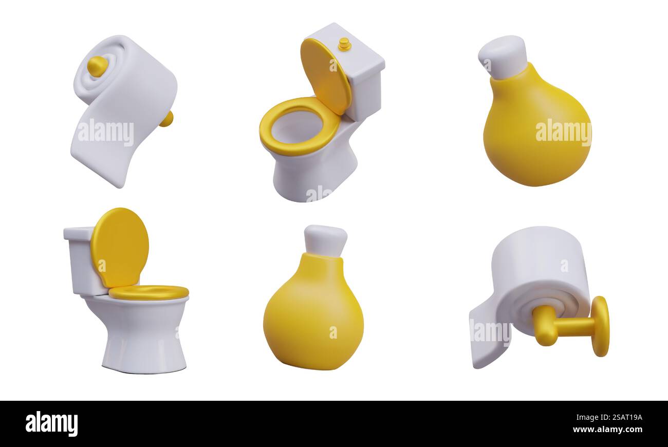 Gold metal toilet roll holder, toilet and jar with shower gel. 3d home ...