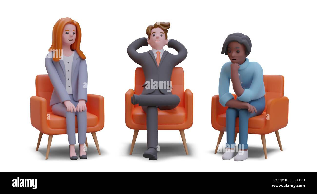 Business characters sit in chairs. People rest, communicate, think ...