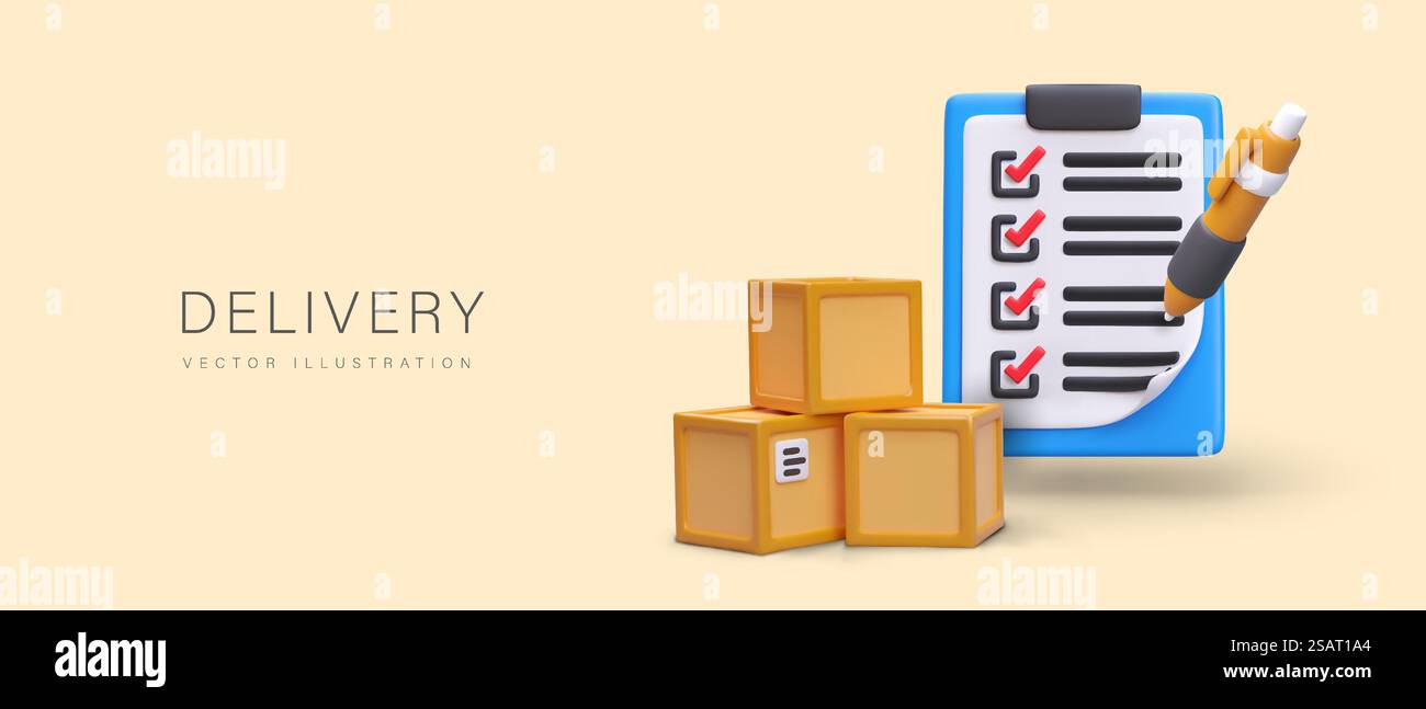 Vector delivery concept. Stack of boxes, check list, pen. Orders ...