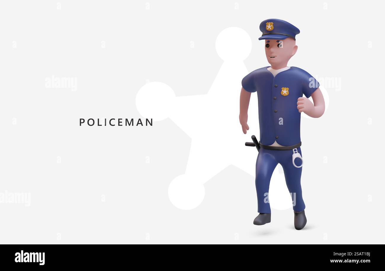 3d realistic policeman wearing police uniform and running. Young cop guard person working in ...